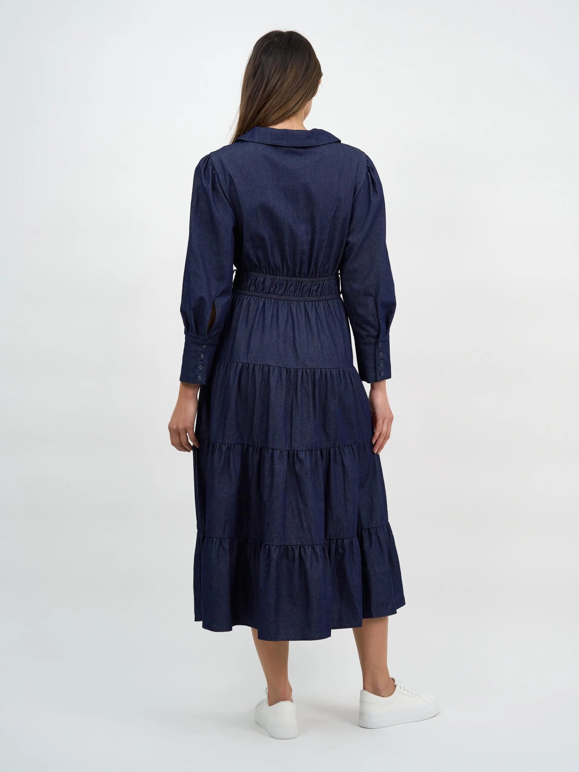 Collared Denim Tier Detail Dress in Navy by Liberty Rose | Florence Store