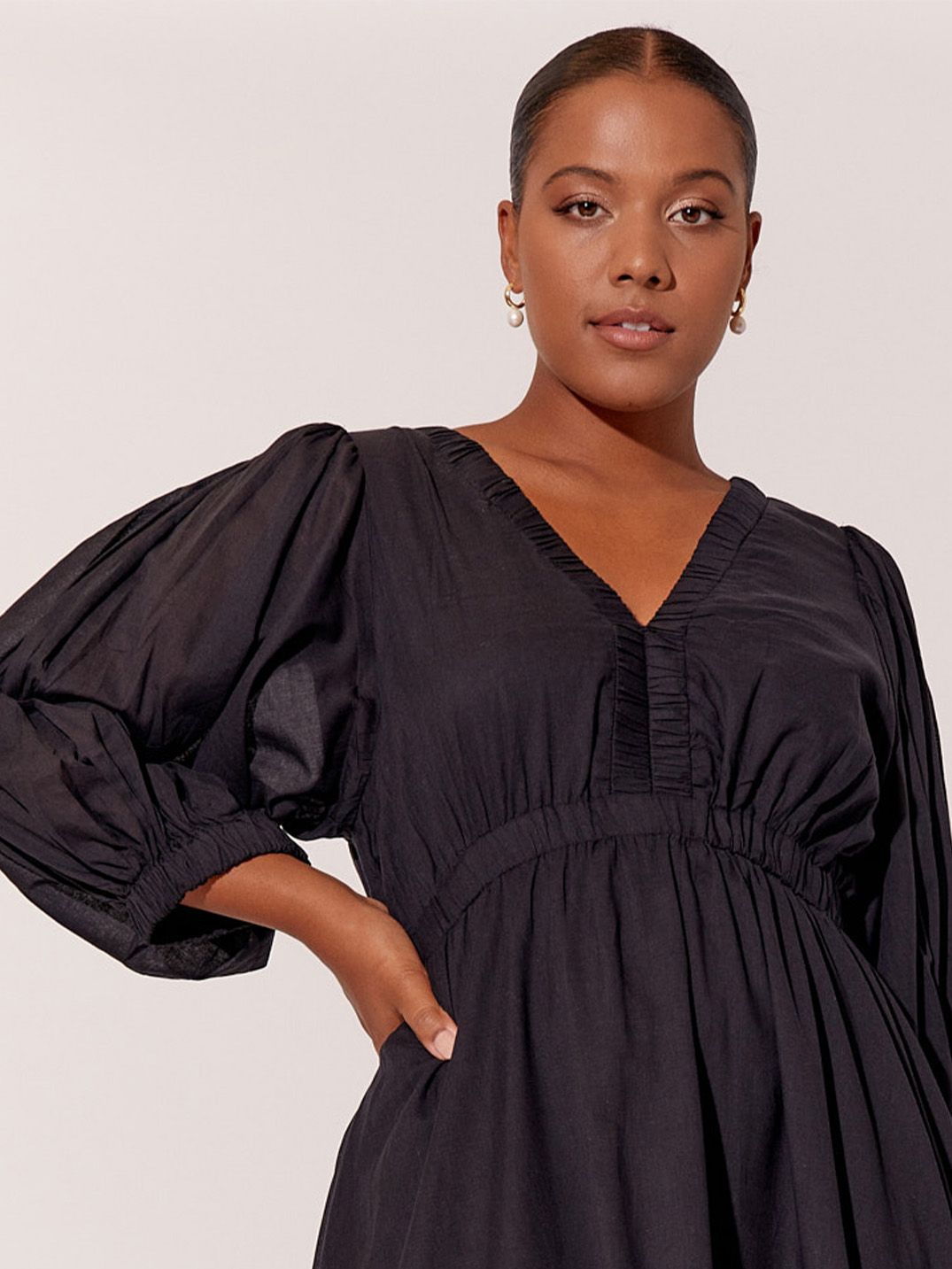 Gathered Neckline Midi Dress in Black by adorne | Florence Store